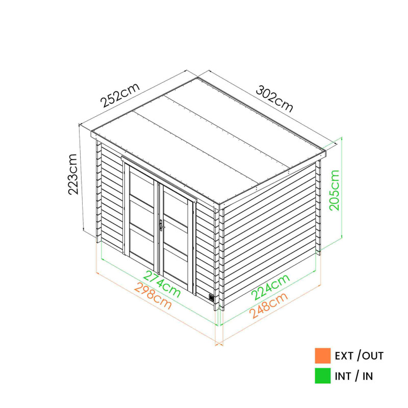 Abri de jardin en bois traité 248 x 298 x 223 cm Nicia - Cerland